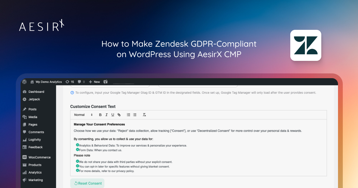 GDPR-Compliant Zendesk on WordPress with AesirX CMP